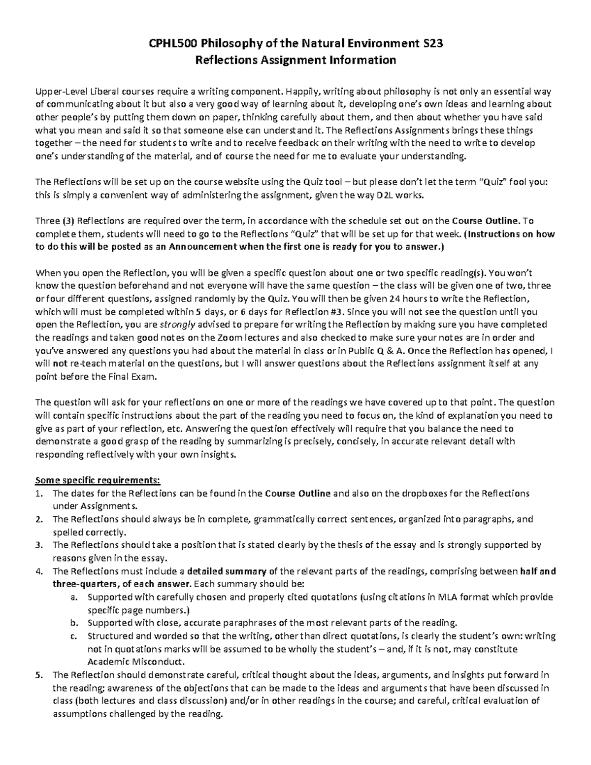 CPHL500 S23 Reflections Assignment Information - CPHL500 Philosophy of ...