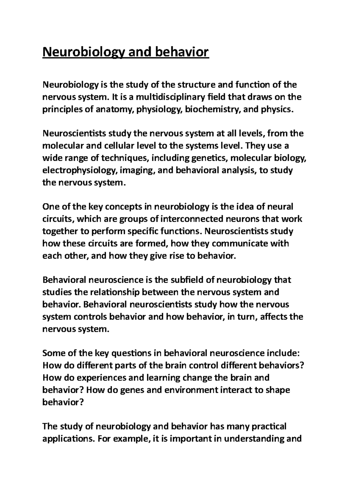 Neurobiology and behavior - Neurobiology and behavior Neurobiology is ...