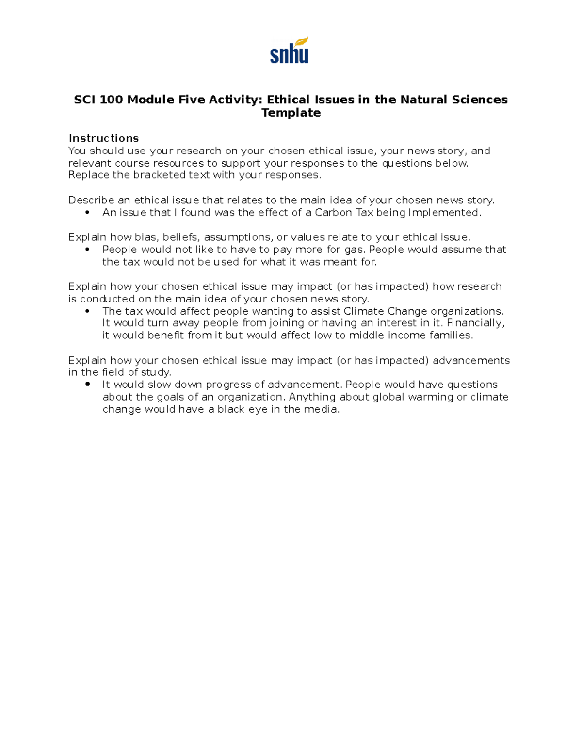 Sci 100 Module Five Activity Template Revised Sci 100 Module Five Activity Ethical Issues 8878