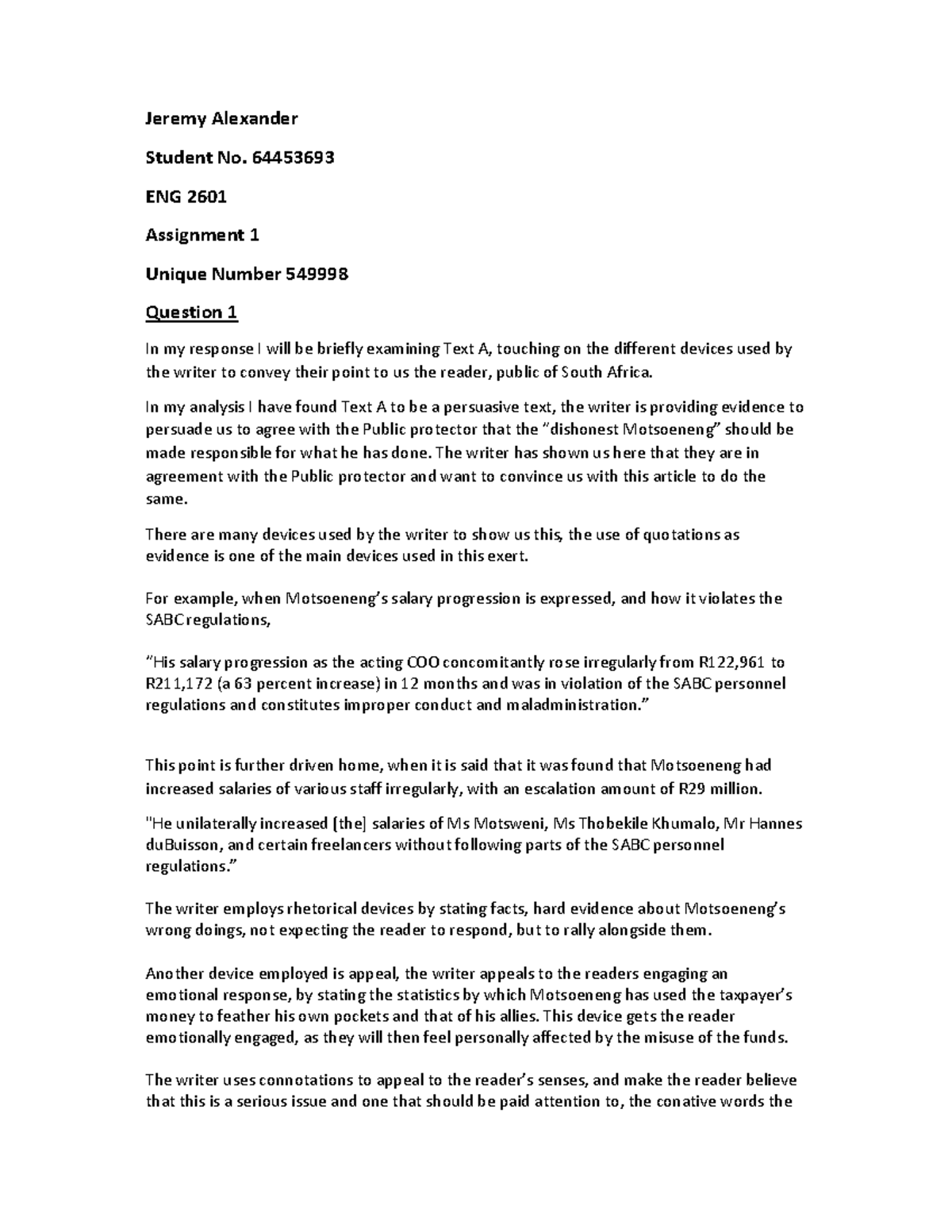 ENG 2601 Assignemt 1 549998 - Jeremy Alexander Student No. 64453693 ENG ...