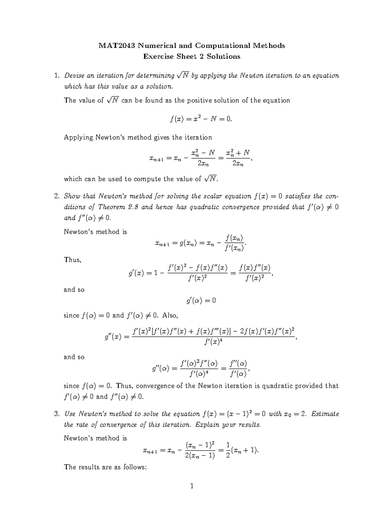 MAT2043 2010 Exercise Sheet 2 - Solutions - MAT2043 Numerical and Computational Methods Exercise ...