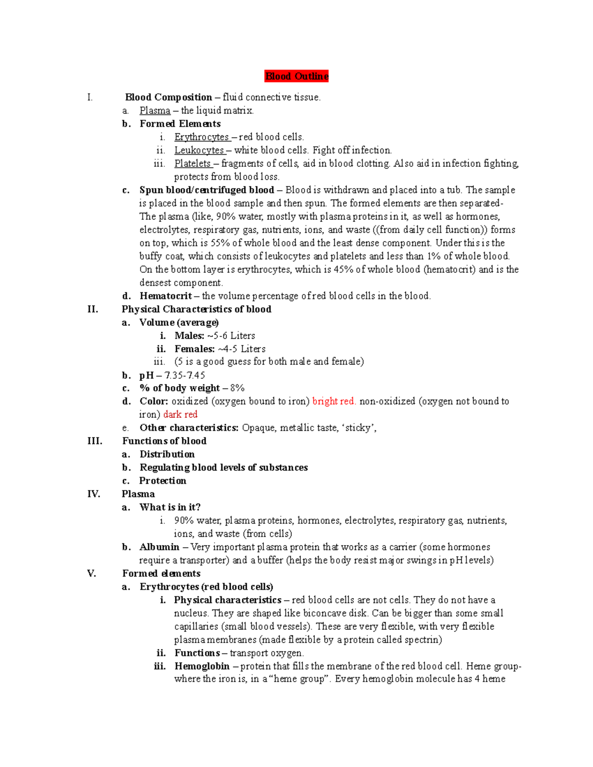 Blood Outline Exam 1 - Blood Outline I. Blood Composition – fluid ...