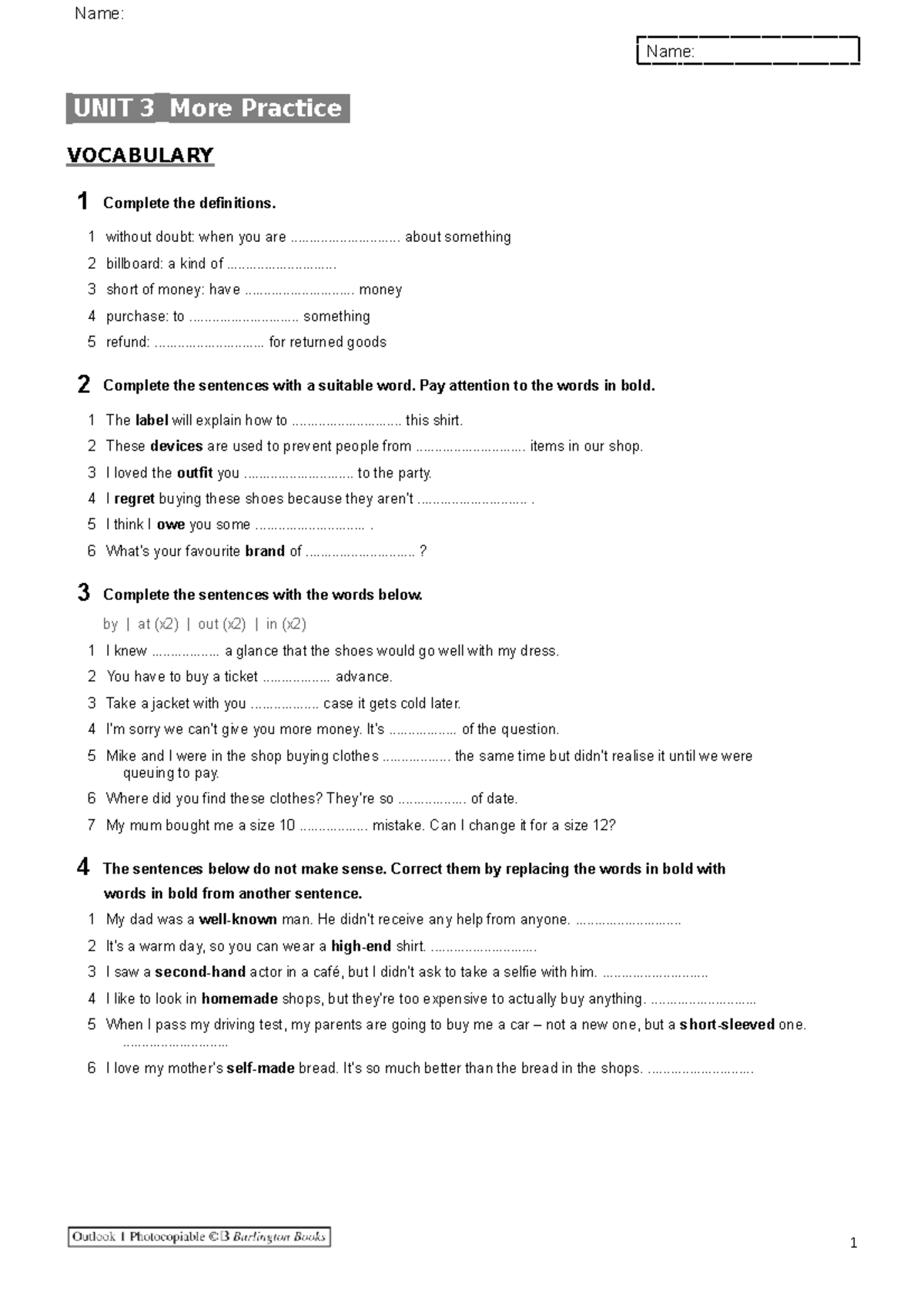 03Outlook 1 Vocab Gram More Prac 3-1 - UNIT 3 More Practice VOCABULARY 1 Complete the ...