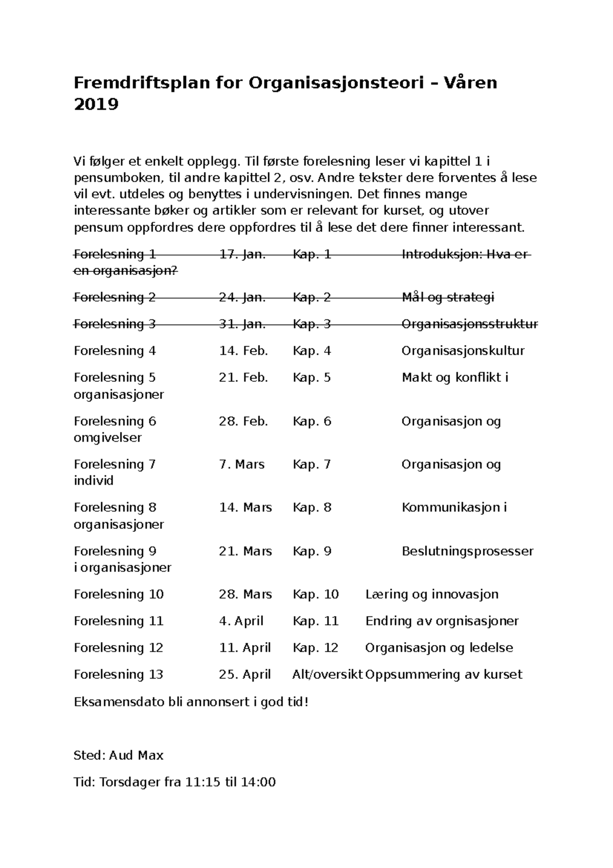 Fremdriftsplan Organisasjonsteori 2019 - Fremdriftsplan for ...