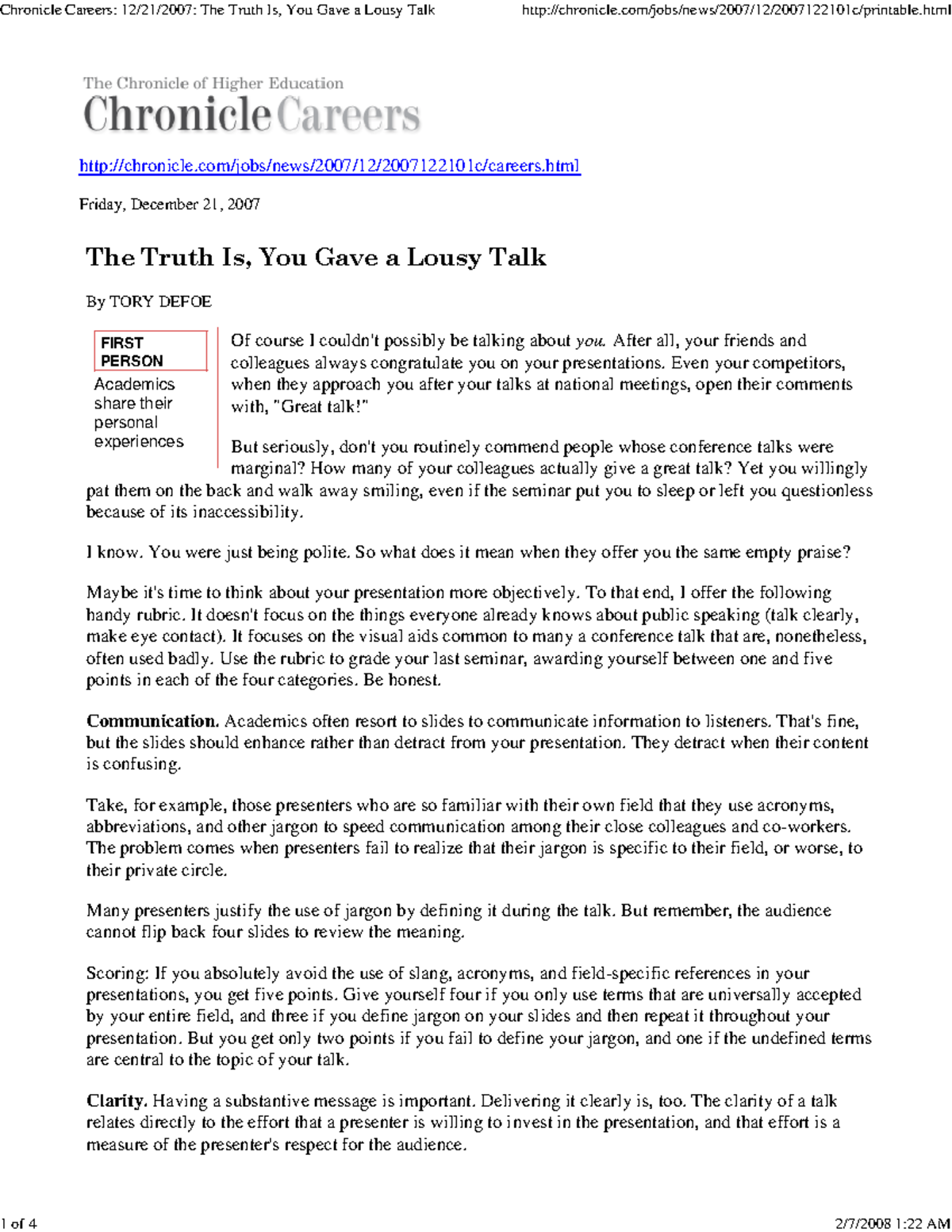 2007 The Truth Is, You Gave a Lousy - FIRST PERSON Academics share ...