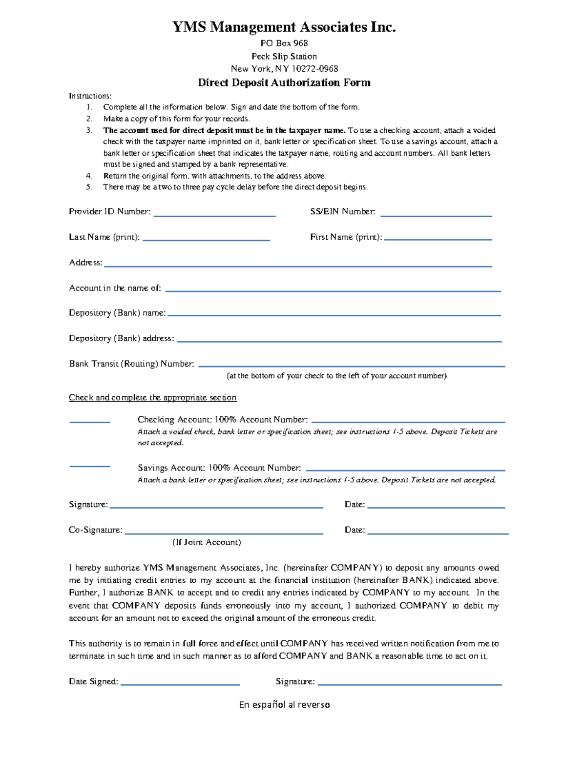 Direct Deposit (English Spanish) - En espaÒol al reverso YMS Management ...