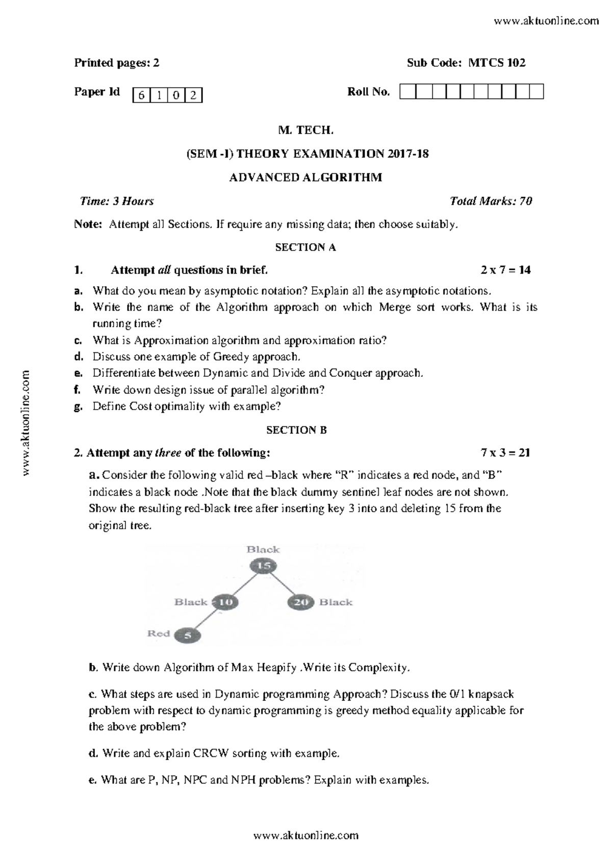 Mtech 1 Sem Advanced Algorithm Mtcs102 2018 Printed Pages 2 Sub Code Mtcs 102 Paper Id Roll 