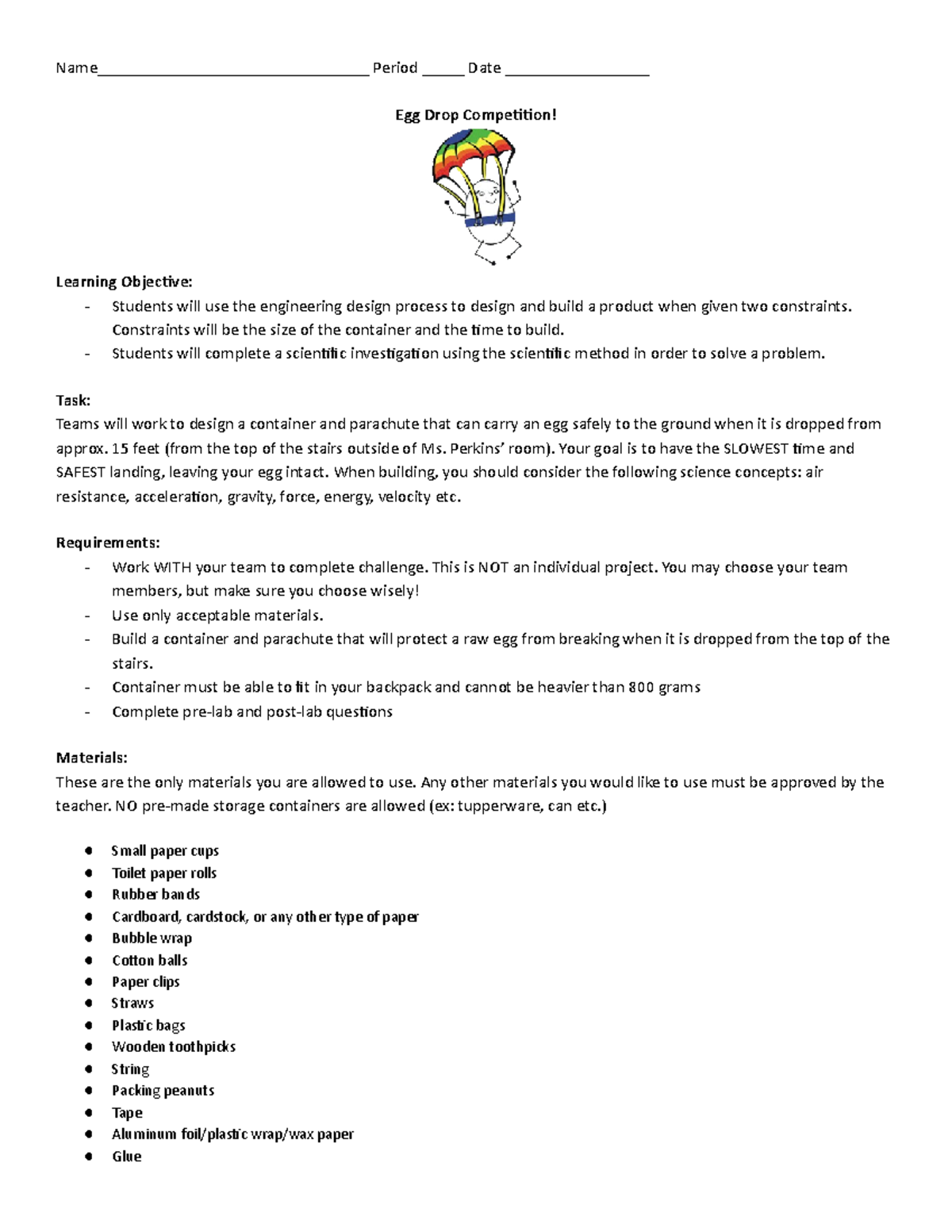 Egg Drop Project Perkins - PHYS 15A - Harvard - Studocu