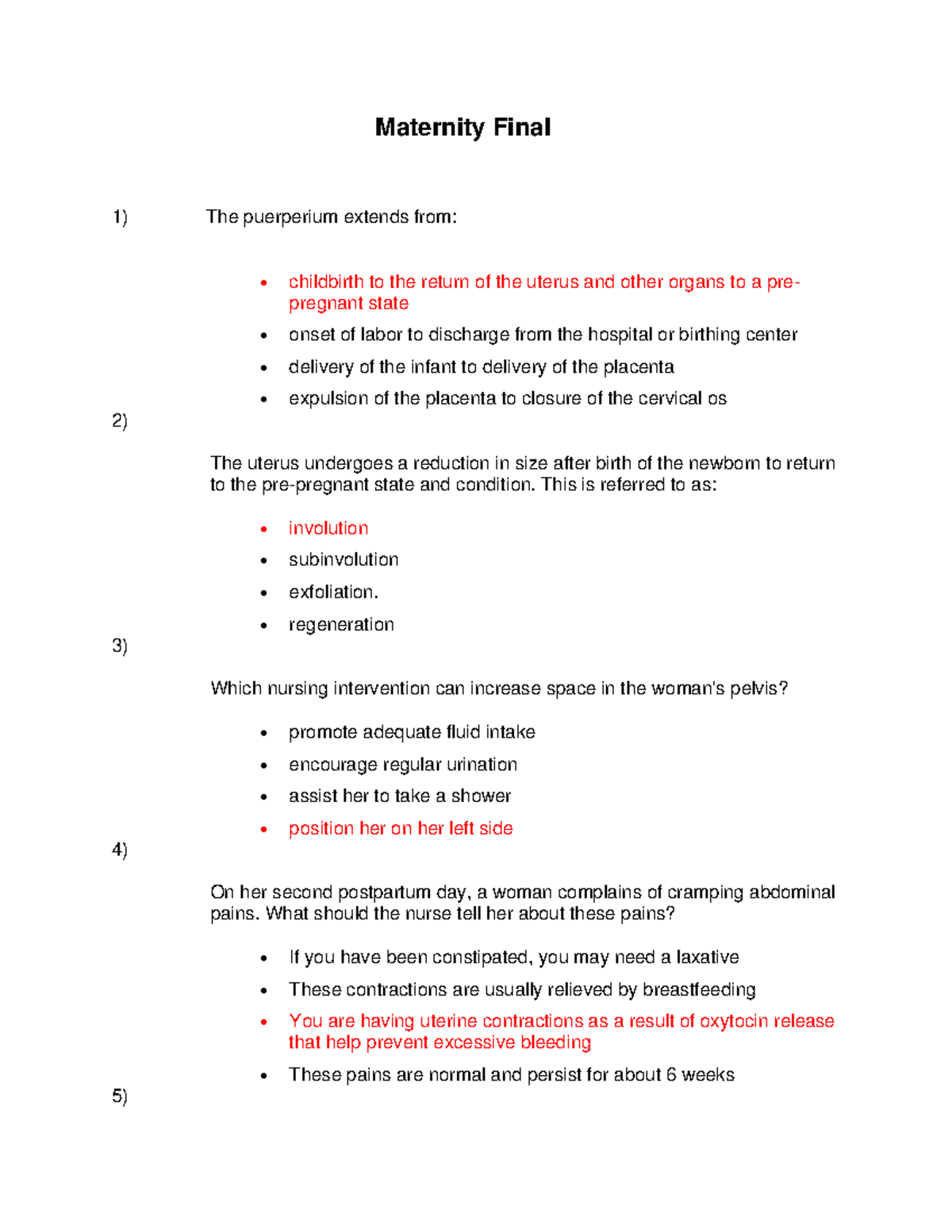 Maternity final exam - Notes - Maternity Final 1) The puerperium ...