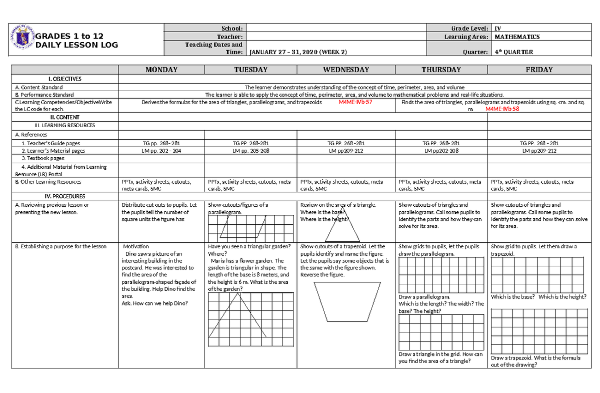 DLL Mathematics 4 Q4 W2 - GRADES 1 to 12 DAILY LESSON LOG School: Grade ...