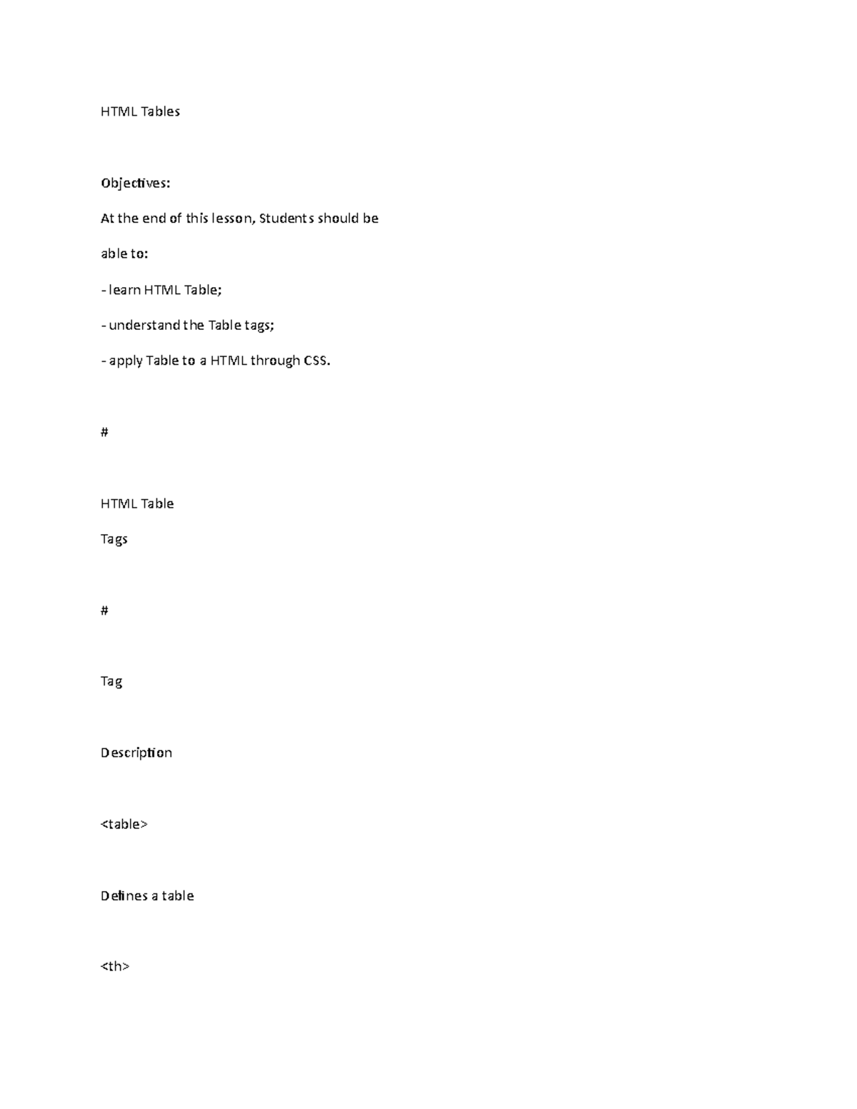 HTML Tables - HTML Tables Objectives:At the end of this lesson ...