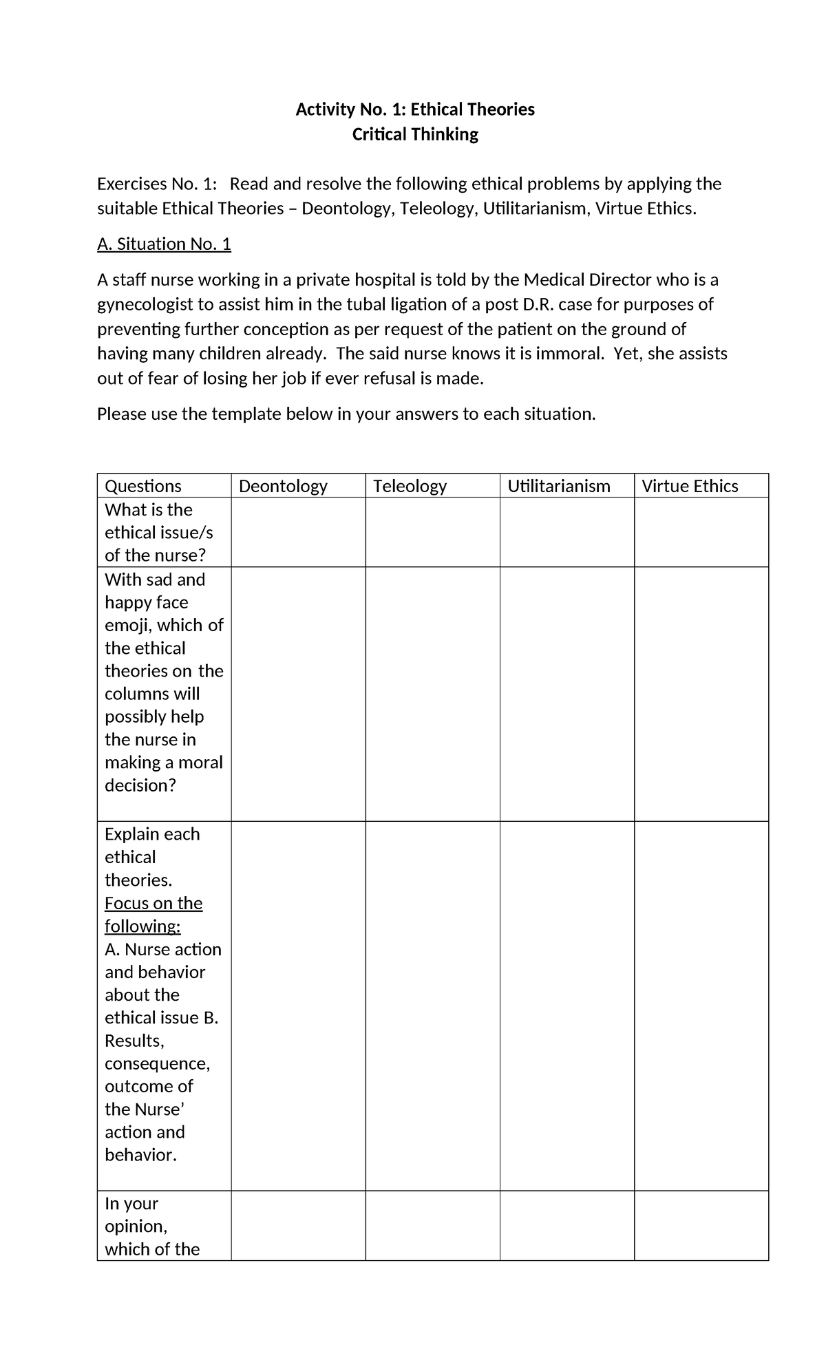 Activity No. 1 Ethical Theories 3 - Activity No. 1: Ethical Theories ...