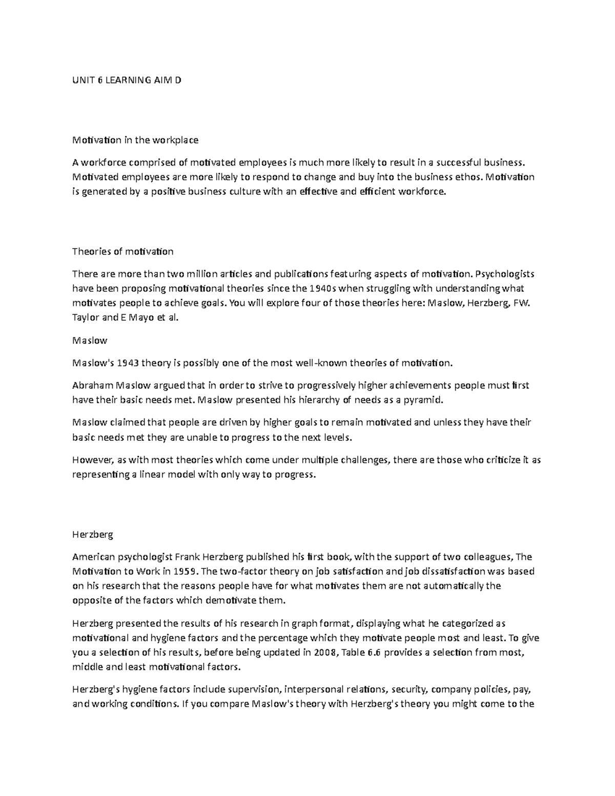 Pearson BTEC National Business Unit 6 Learning Aim D - UNIT 6 LEARNING ...