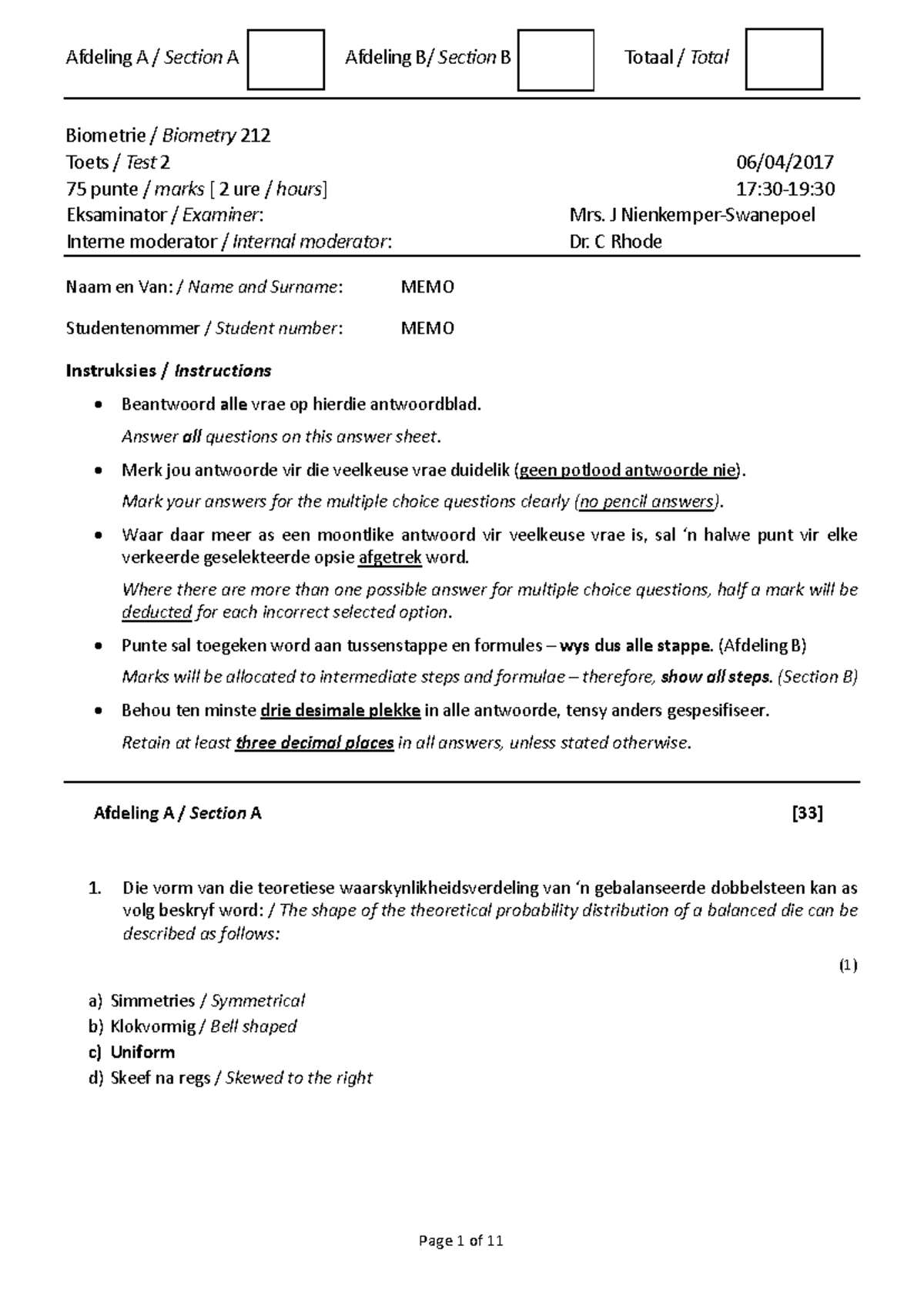 BMT 212 Toets 2 memo - Practice question paper - Afdeling A / Section A ...