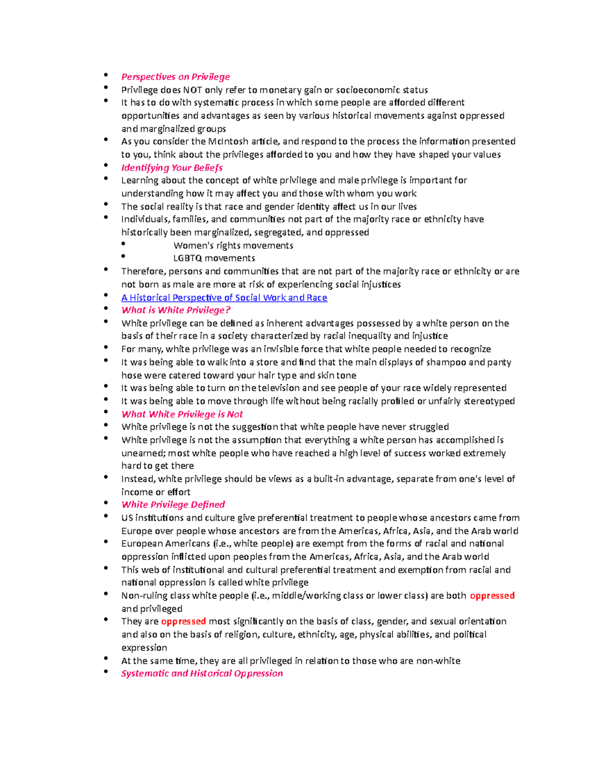 Notes (Week 5-9) - White Privilege and Male Privilege, Individual ...