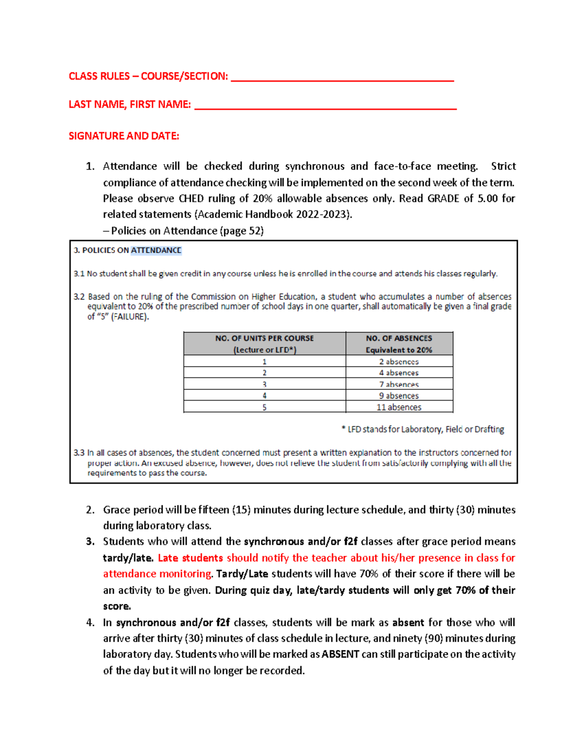 Modular-TRIX- Classrules (2) - CLASS RULES – COURSE/SECTION