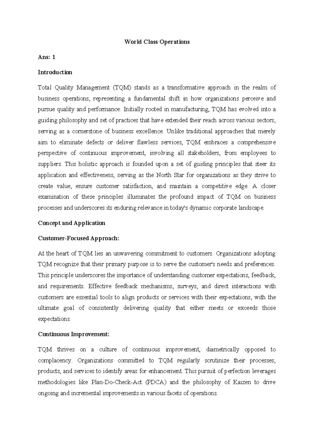 World class operations - World Class Operations Ans: 1 Introduction ...