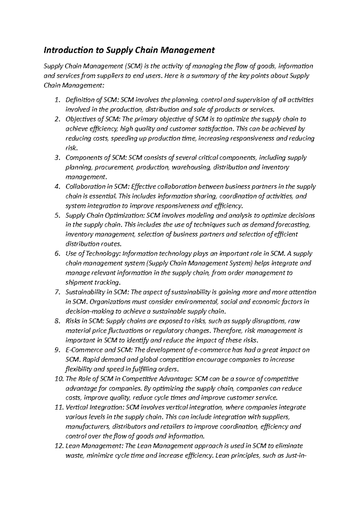 Introduction to Supply Chain Management, study notes - Introduction to ...