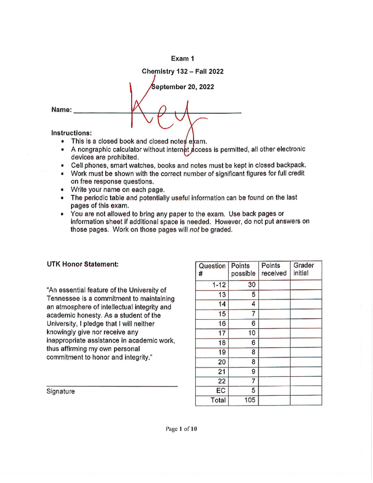 Chem132 Exam 1 Fall 9-20-2022 Key - CHEM 130 - Studocu