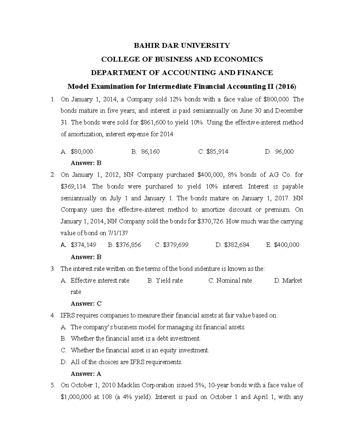 FA II Model Exam - BAHIR DAR UNIVERSITY COLLEGE OF BUSINESS AND ...