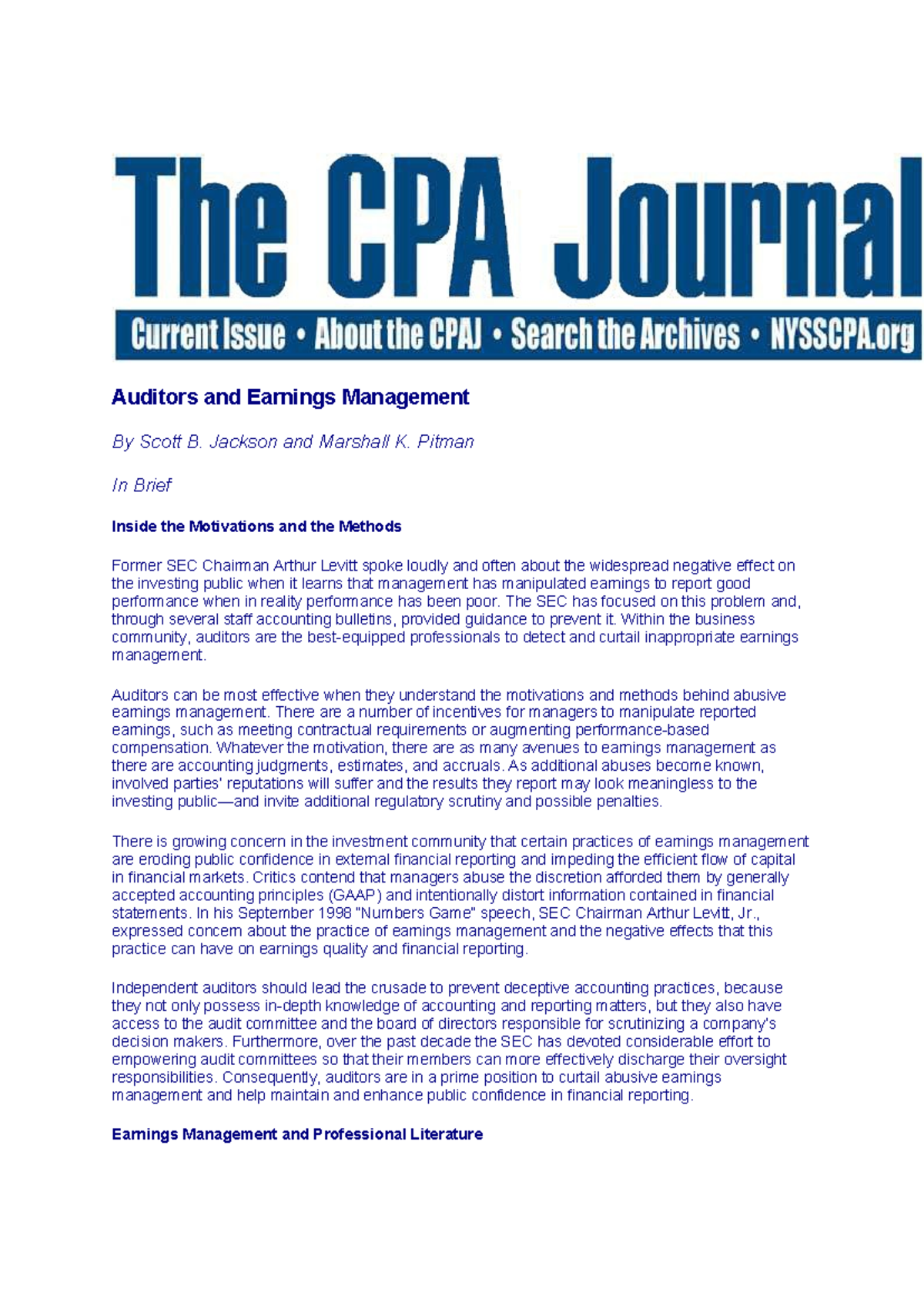 Auditors and Earnings Management - Jackson and Marshall K. Pitman In ...