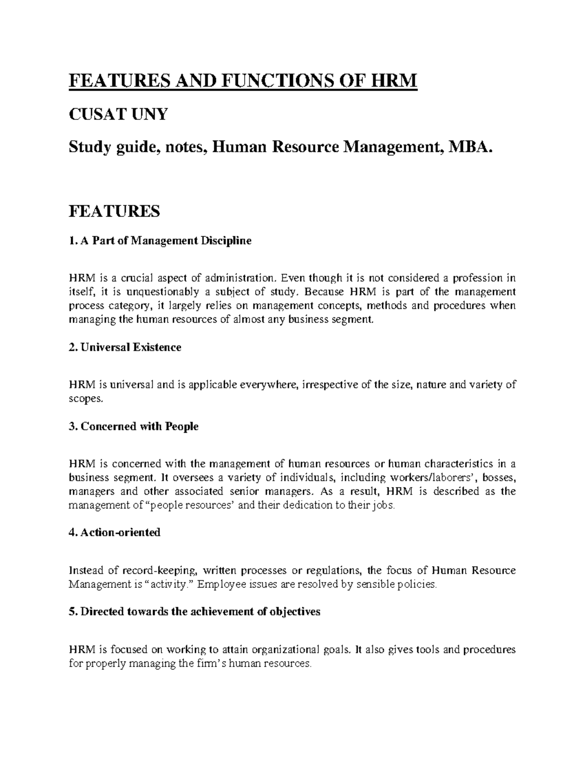 Features and functions of HRM - FEATURES AND FUNCTIONS OF HRM CUSAT UNY ...
