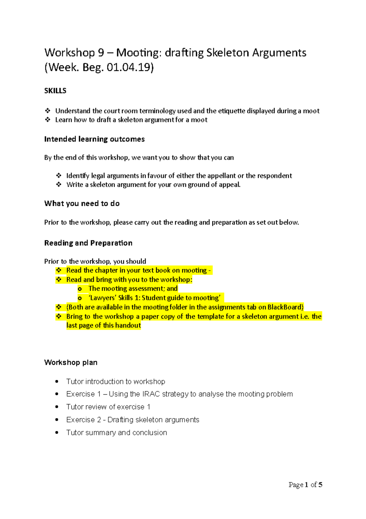 Workshop 9 - Student Outline - Workshop 9 – Mooting: drafting Skeleton ...