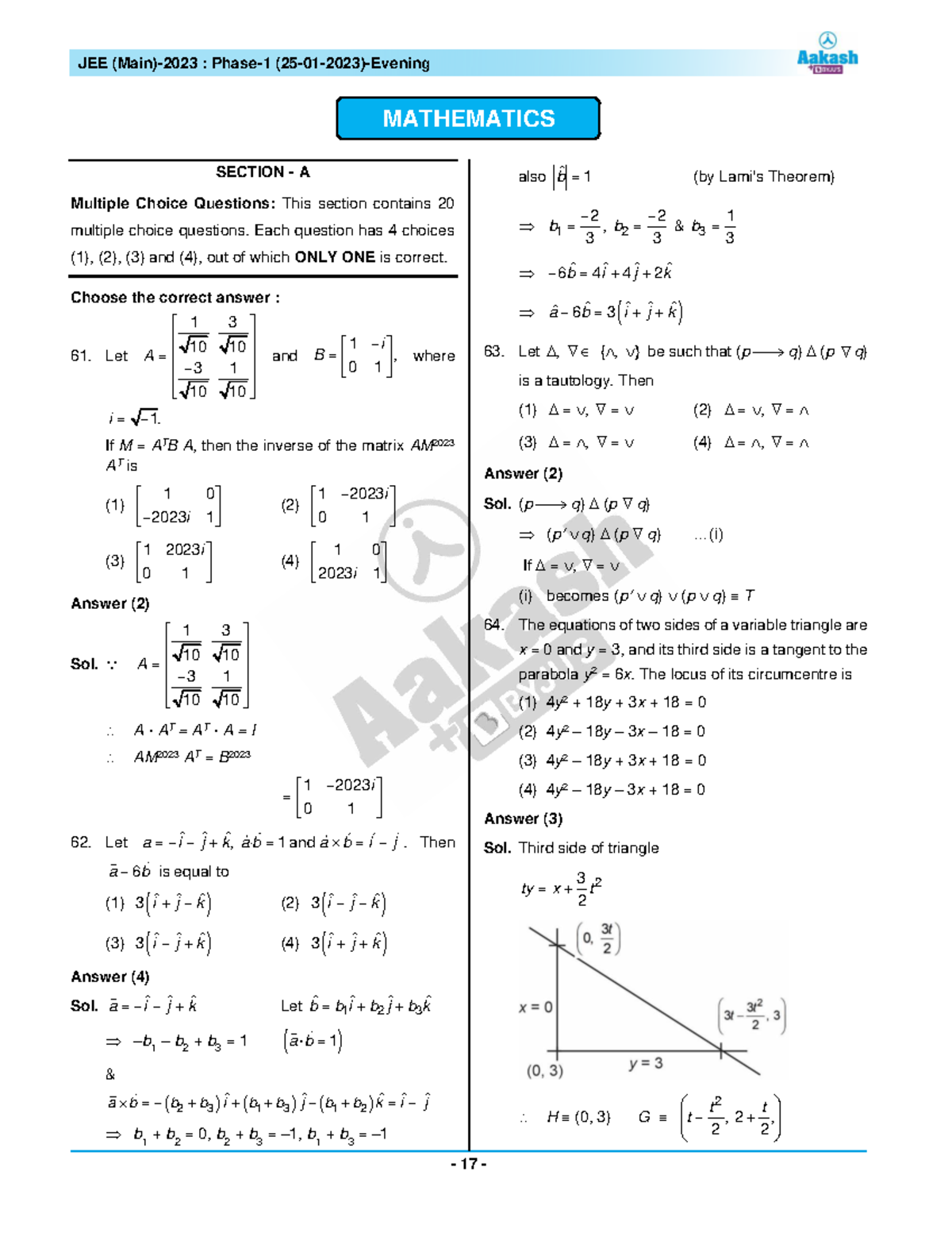 JEE Main Maths - Quiz - MATHEMATICS SECTION - A Multiple Choice ...