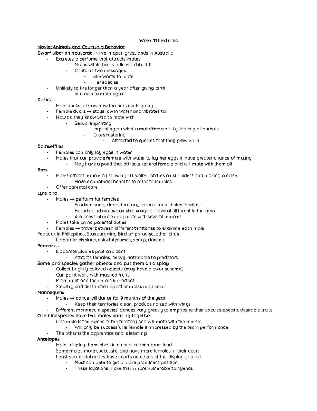 Week 11 Lectures - Week 11 Lectures Movie: Animals and Courtship ...
