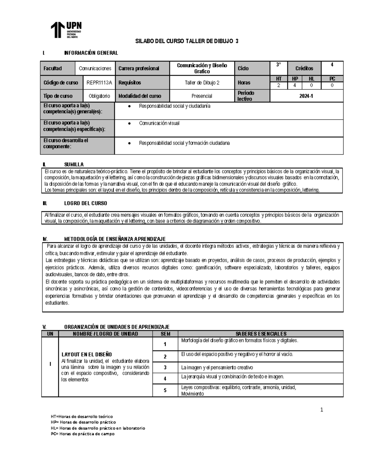 Silabo de Taller de Dibujo - 1 HT=Horas de desarrollo teórico HP= Horas de desarrollo práctico ...