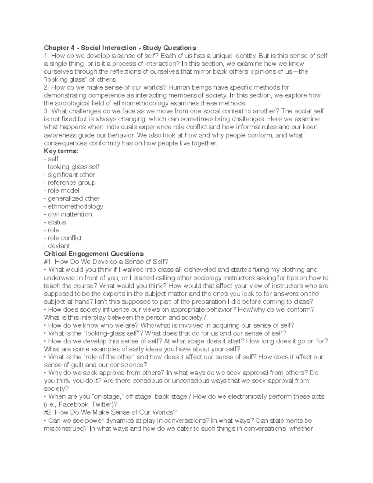 Sociology Test 2 - Chapter 4 - Social Interaction - Study Questions How ...