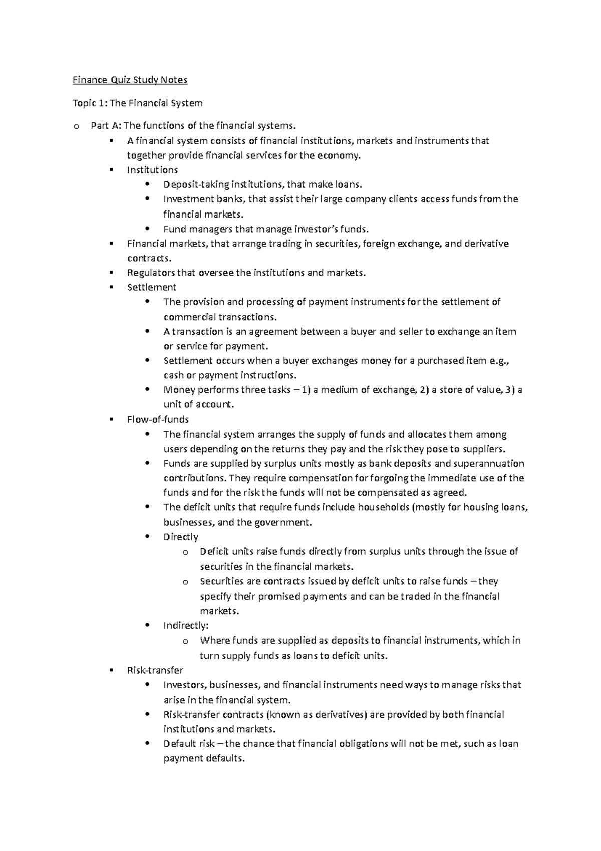 Finance Quiz Study Notes - Finance Quiz Study Notes Topic 1: The ...