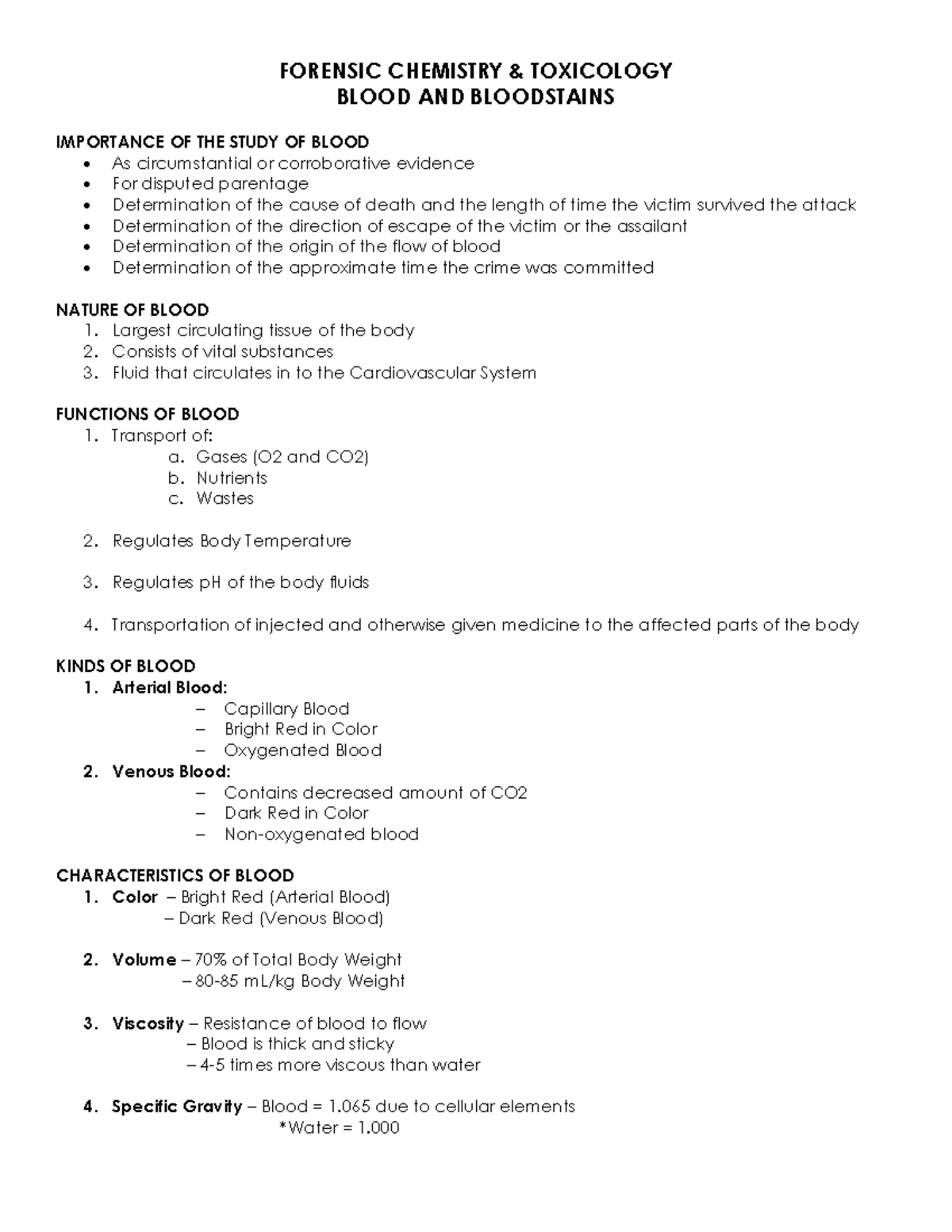 Forensic Chemistry and Toxicology Overview of Blood - FORENSIC ...