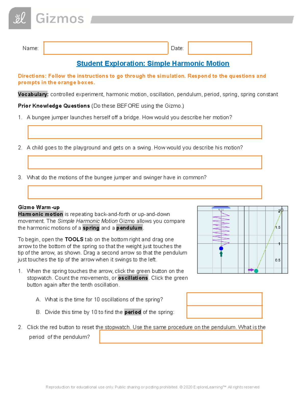 Simple Harmonic Motion (Gizmos) - Name: Date: Student Exploration: Simple Harmonic Motion - Studocu