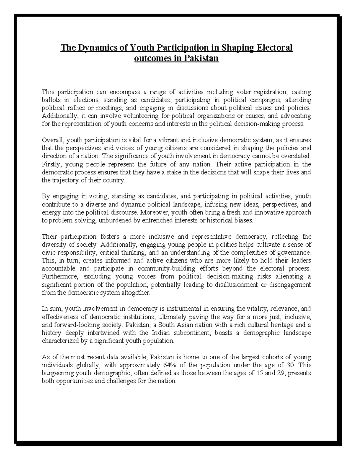 The Dynamics of Youth Participation in Shaping Electoral outcomes in ...