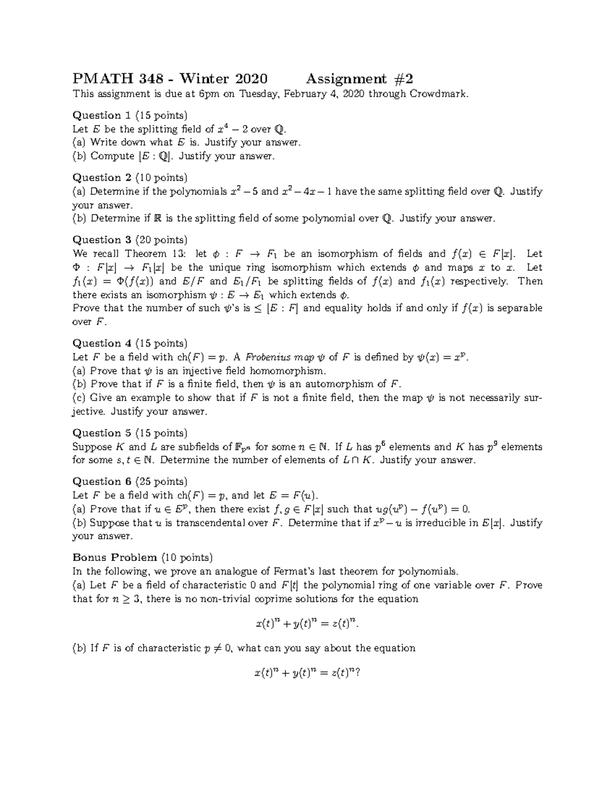 Assignment 2 - PMATH 348 - Winter 2020 Assignment# 2 This assignment is ...