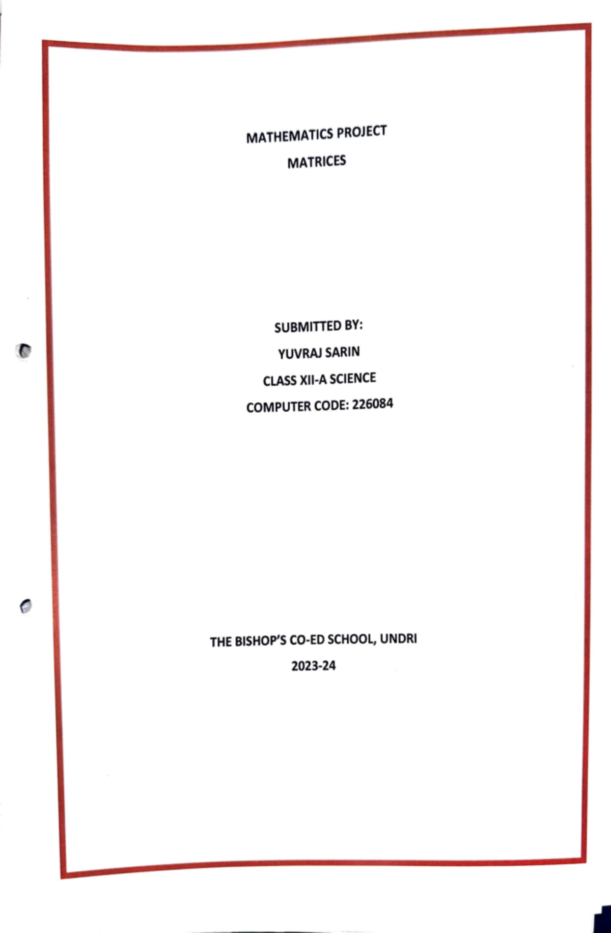 Uv Math Project - Matrices 2023-24 - MATHEMATICS PROJECT MATRICES ...