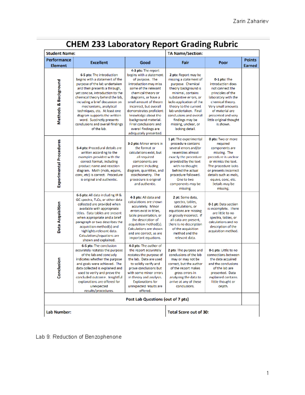 Lab 9 Benzophenone - lab report - Lab 9: Reduction of Benzophenone ...