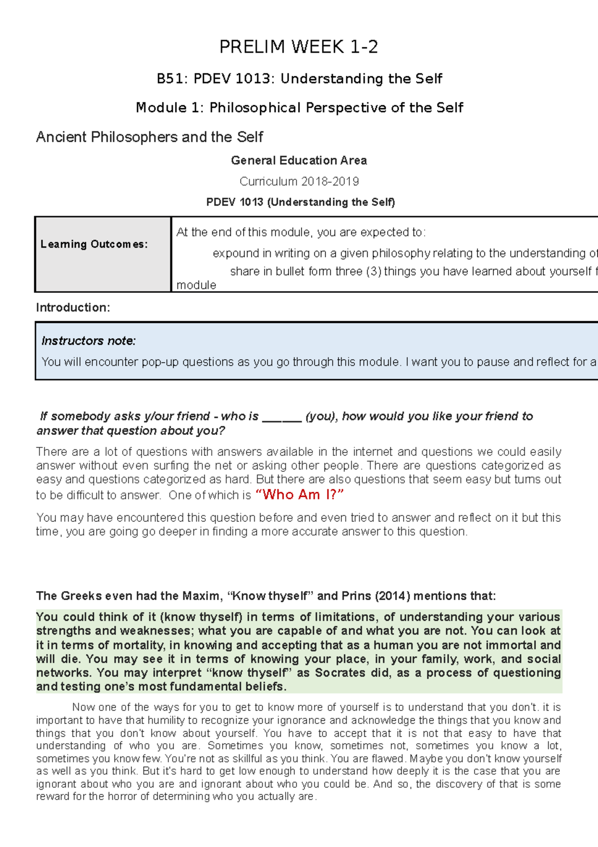 PDEV Prelim WEEK 1 2 - Personality Development - PRELIM WEEK 1- B51 ...