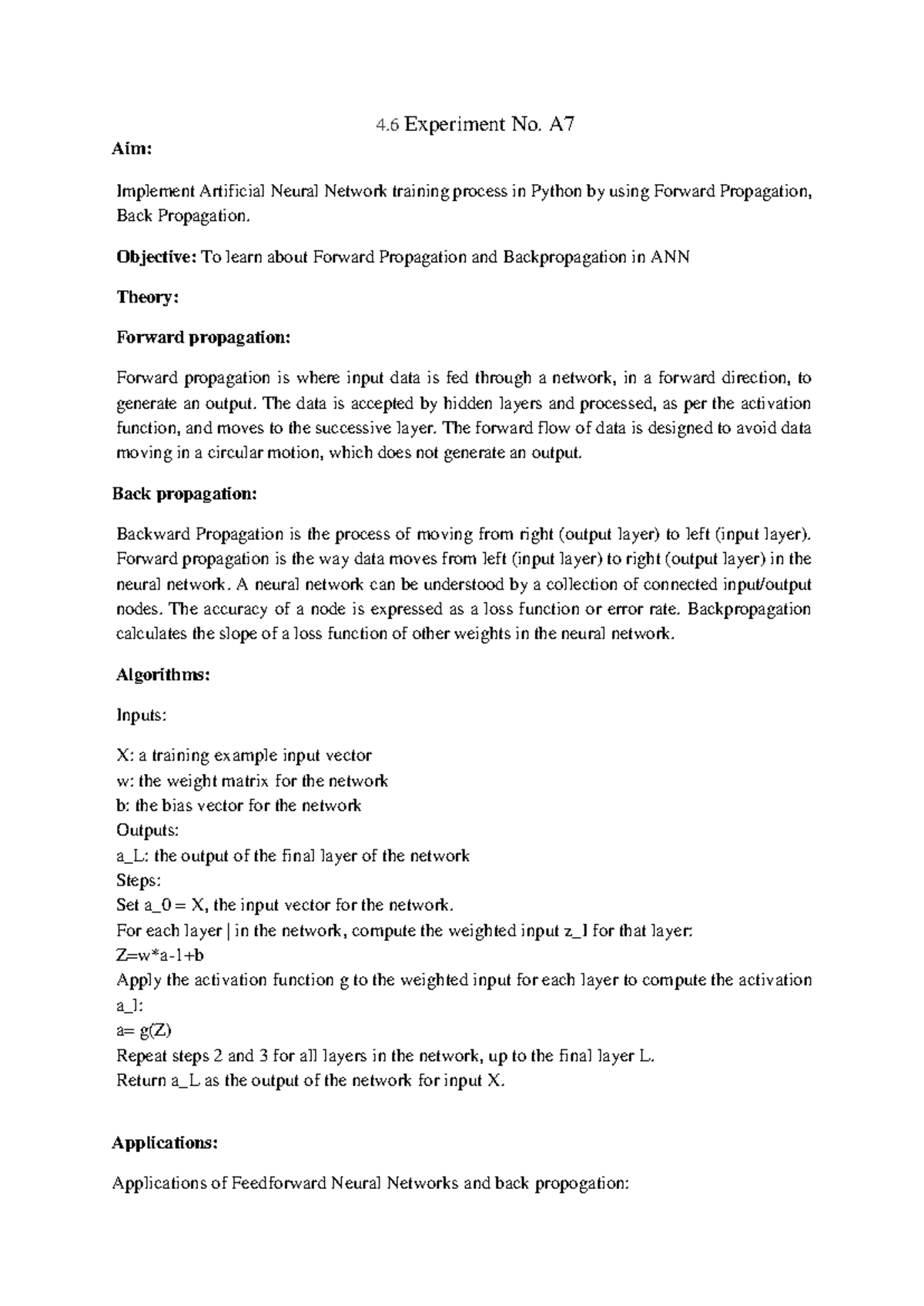 Experiment No. 6 TE SL-II (ANN) - 4 Experiment No. A 7 Aim: Implement Artificial Neural Network ...