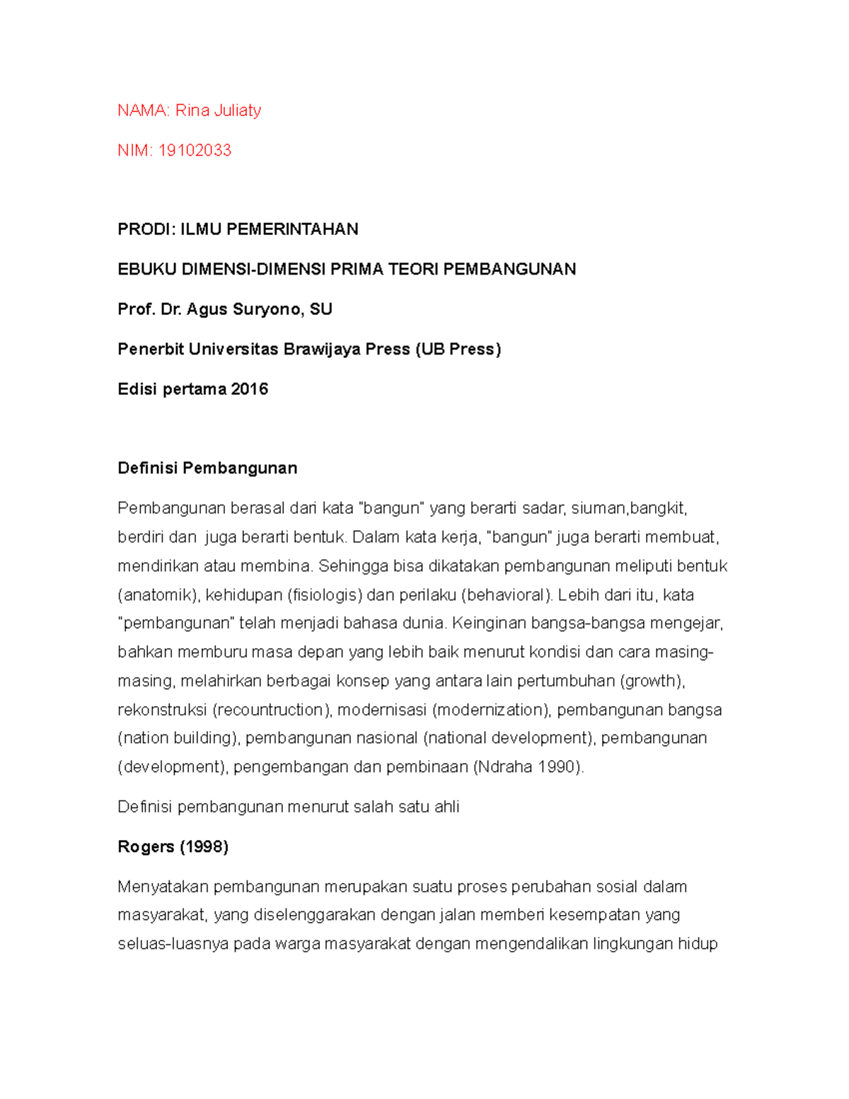 Definisi Pembangunan - NAMA: Rina Juliaty NIM: 19102033 PRODI: ILMU ...