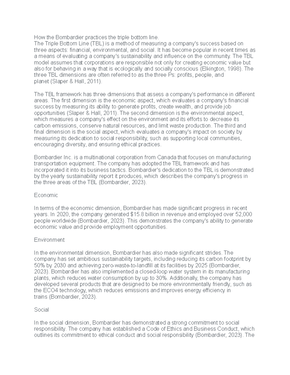 The Triple Bottom Line - How the Bombardier practices the triple bottom ...