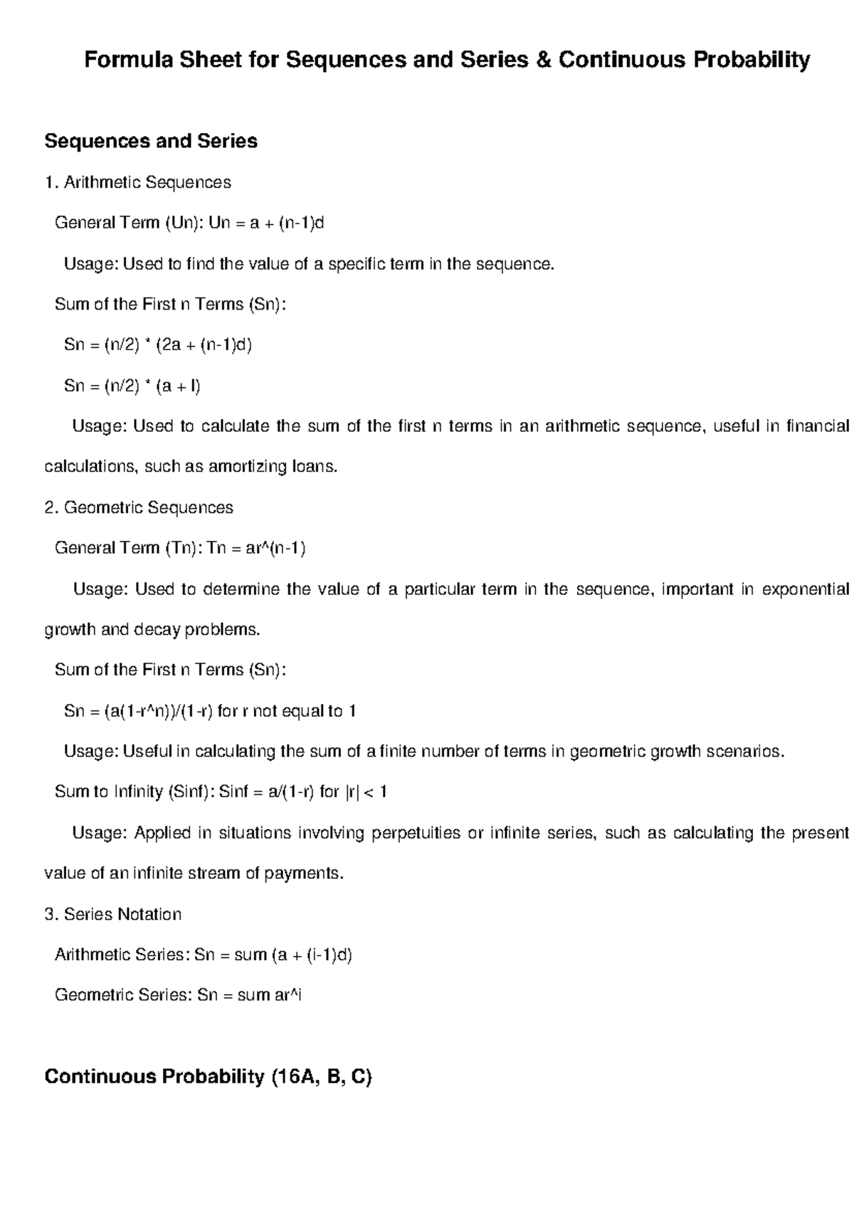 Formula Sheet Sequences Series Continuous Probability - Formula Sheet ...