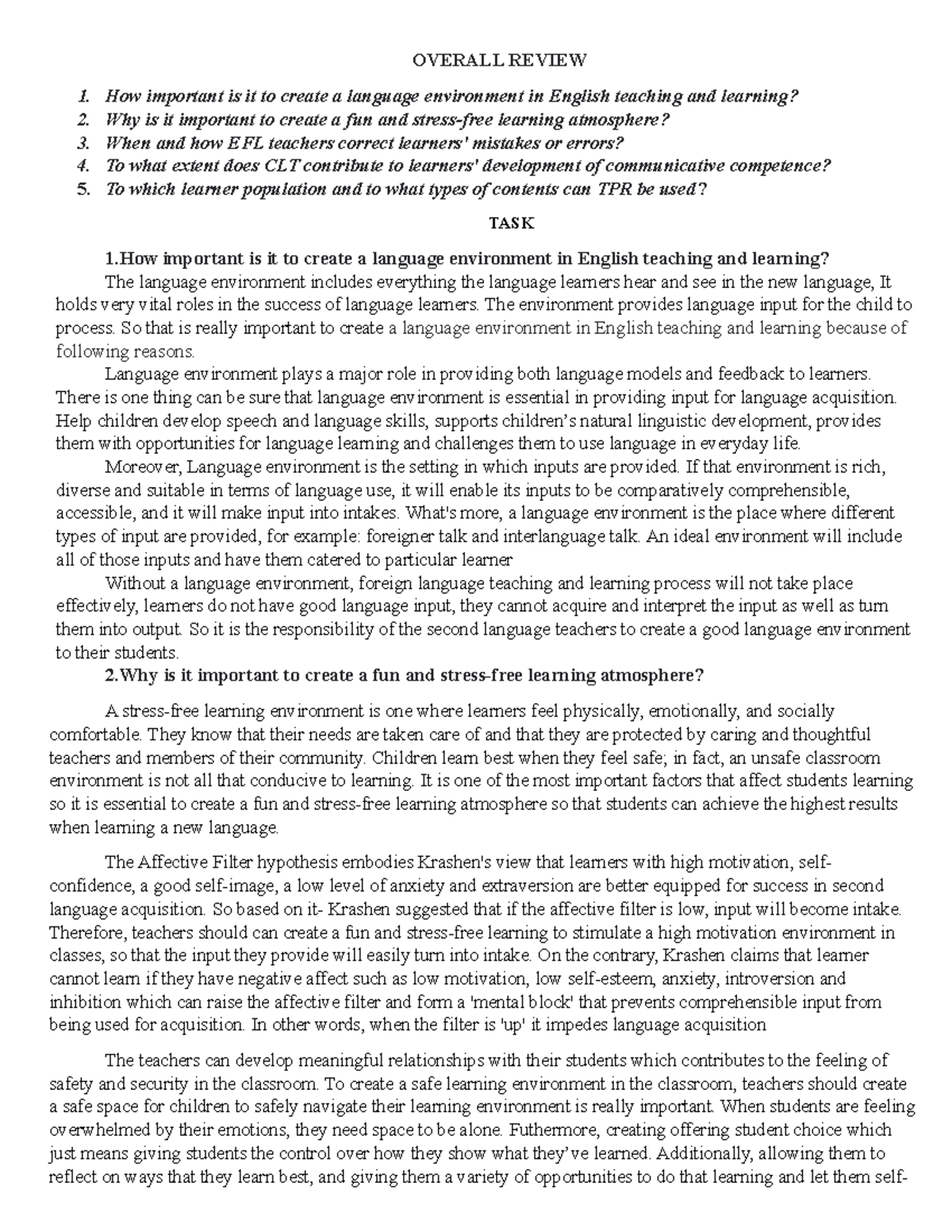 Overall Review - OVERALL REVIEW 1. How important is it to create a ...