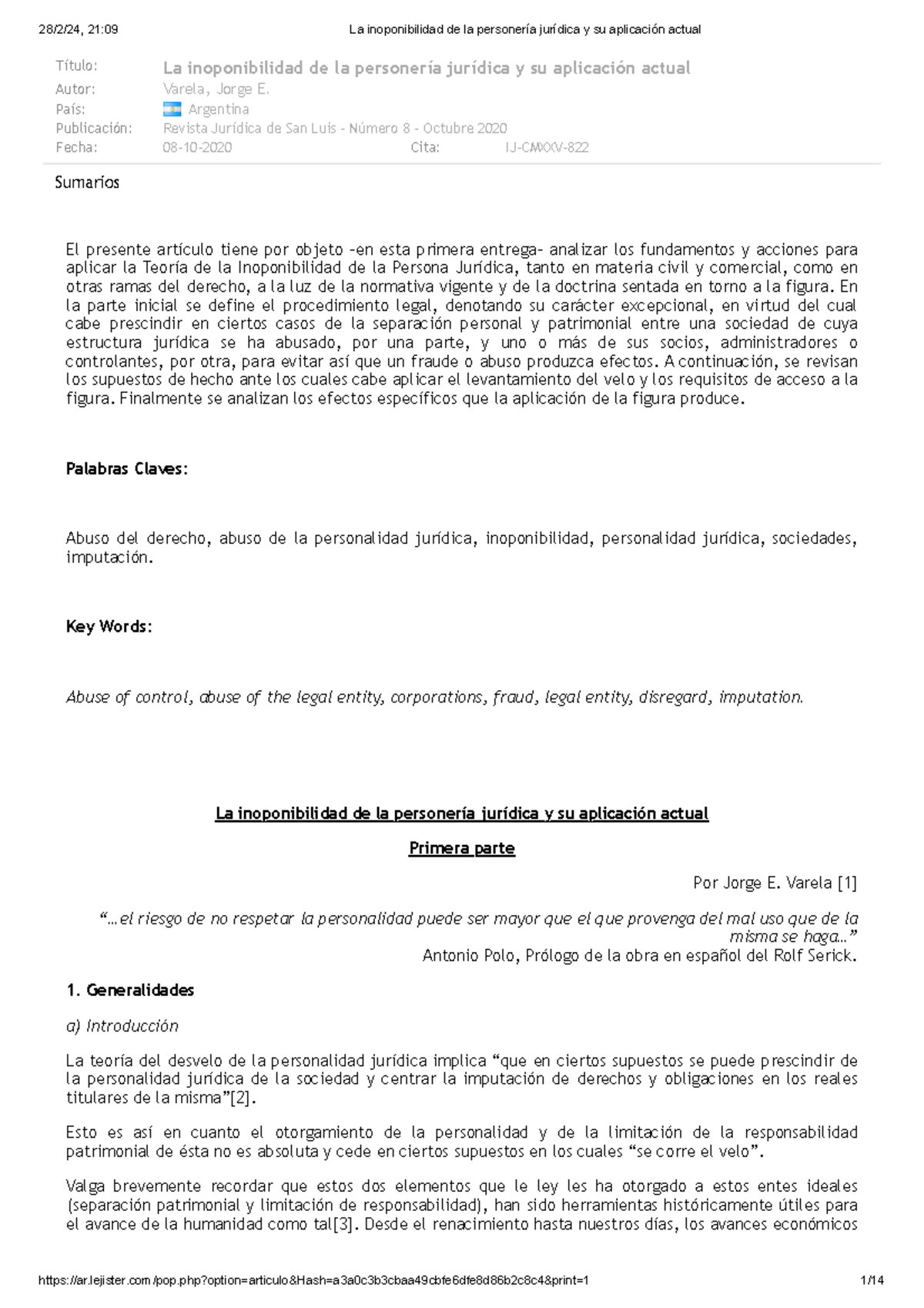 La inoponibilidad de la personería jurídica y su aplicación actual ...