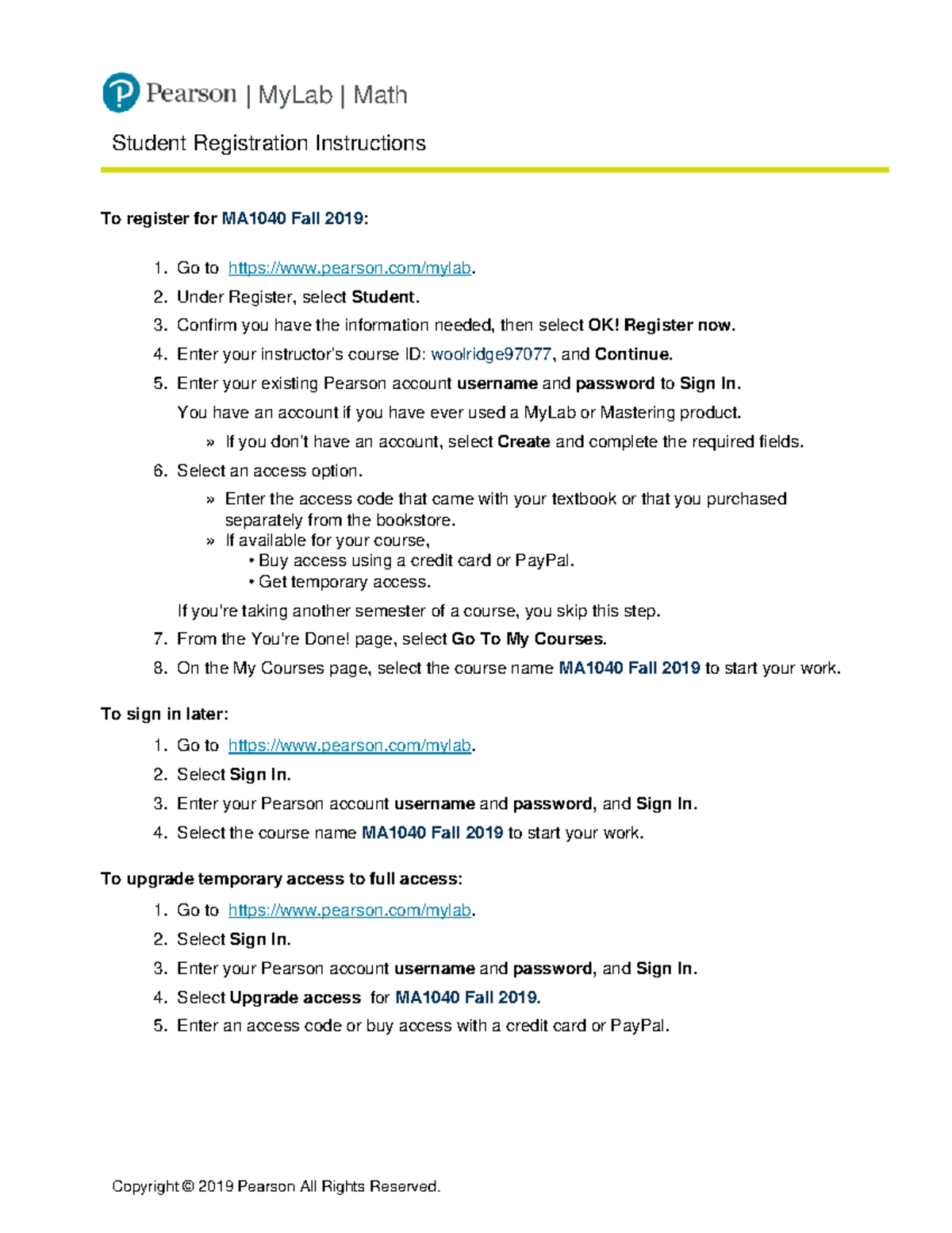 Student Registration Handout - | MyLab | Math Student Registration ...