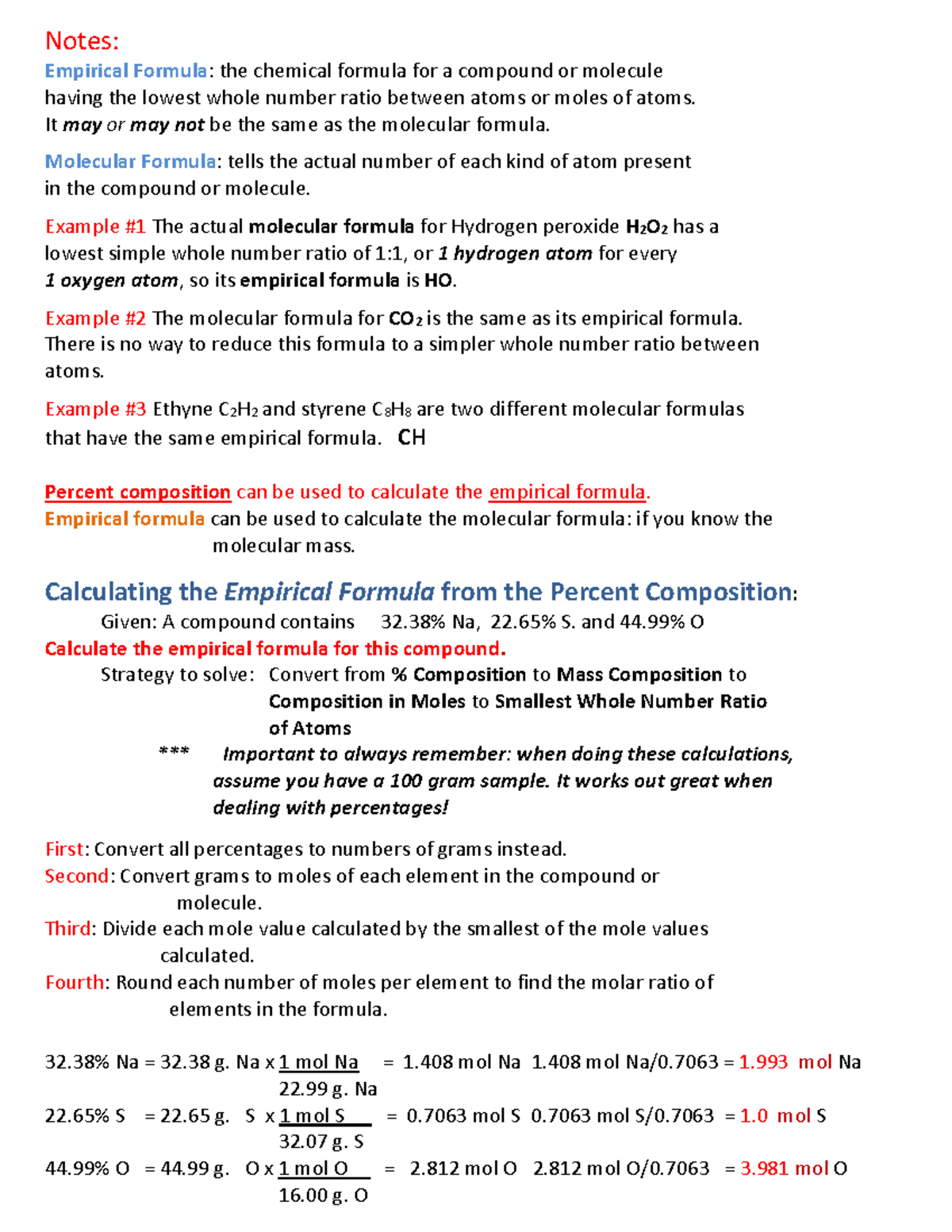 Empirical Vs. Molecular Formula - Notes: Empirical Formula: the ...