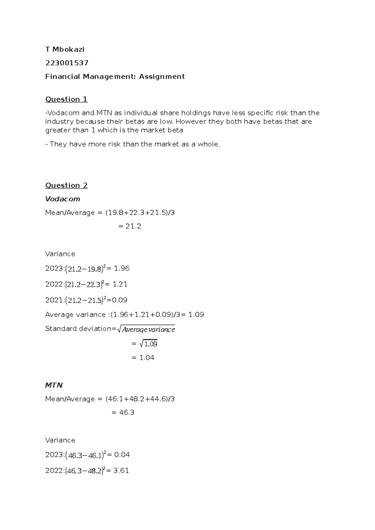 FMA assignment 1 - T Mbokazi 223001537 Financial Management: Assignment ...