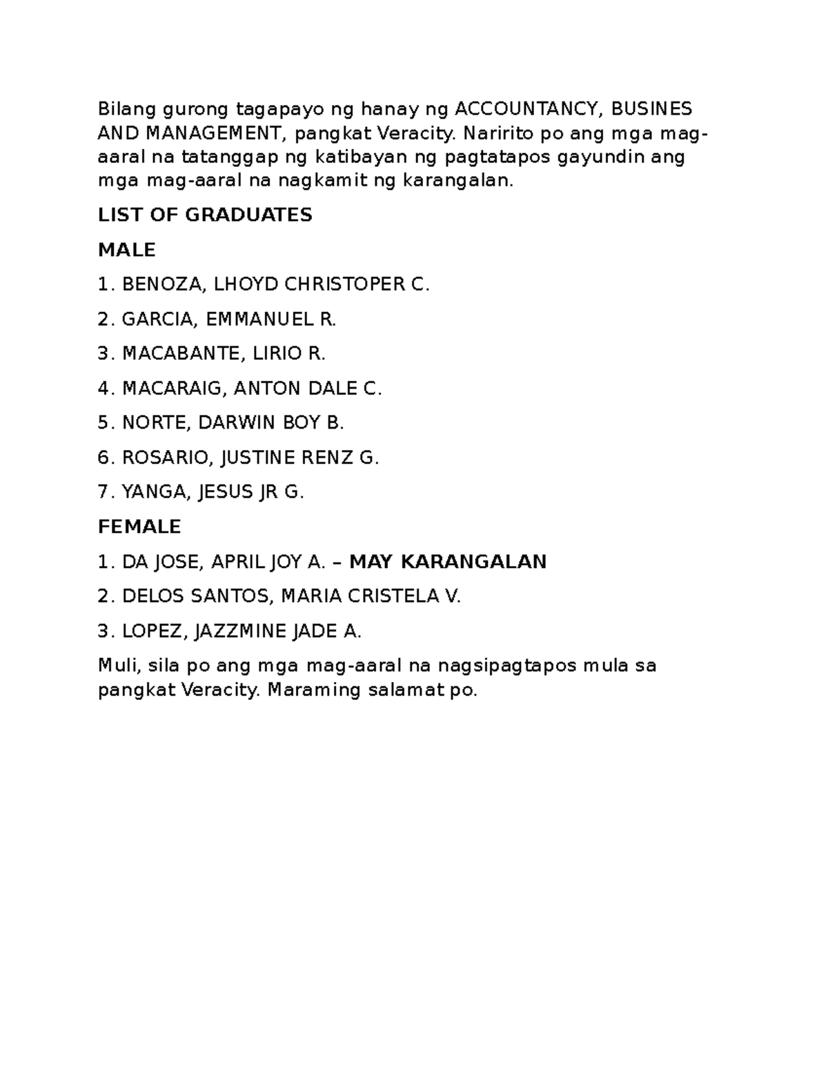 Graduation Ceremony Script