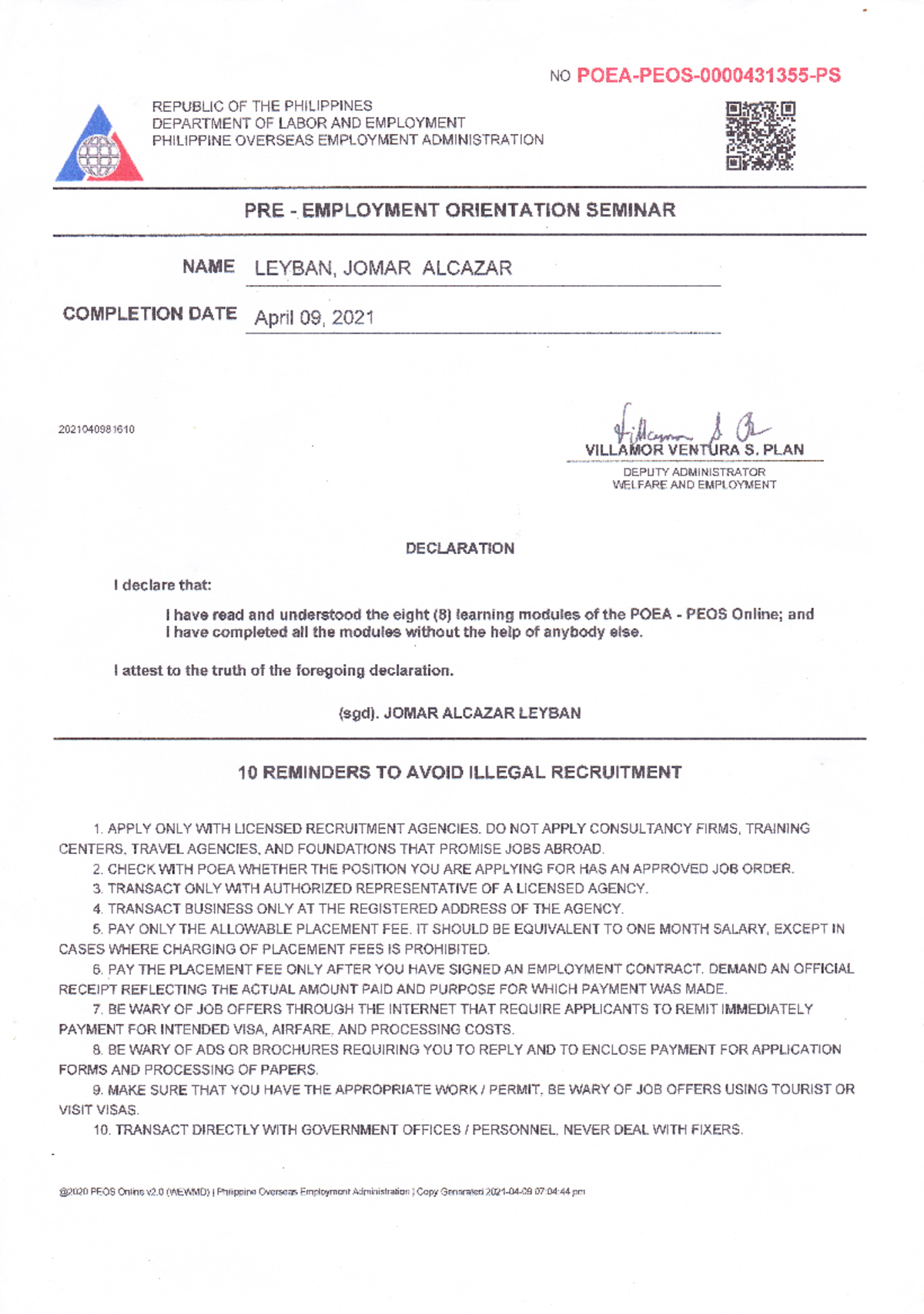 PEOS Certificate - Leyban, Jomar - Bachelor of Science in Electrical ...